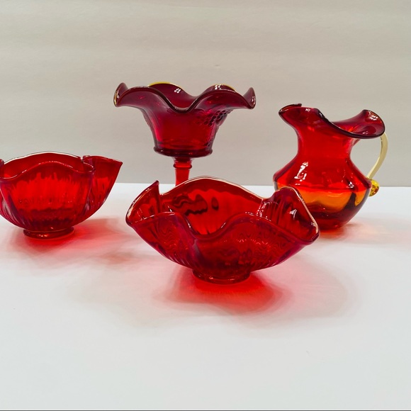 Holiday | 4 Pc Vintage Ruby Red Glass Candy Dish Bowl Pitcher | Poshmark